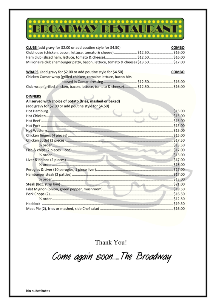 Menu | Broadway Diner Timmins