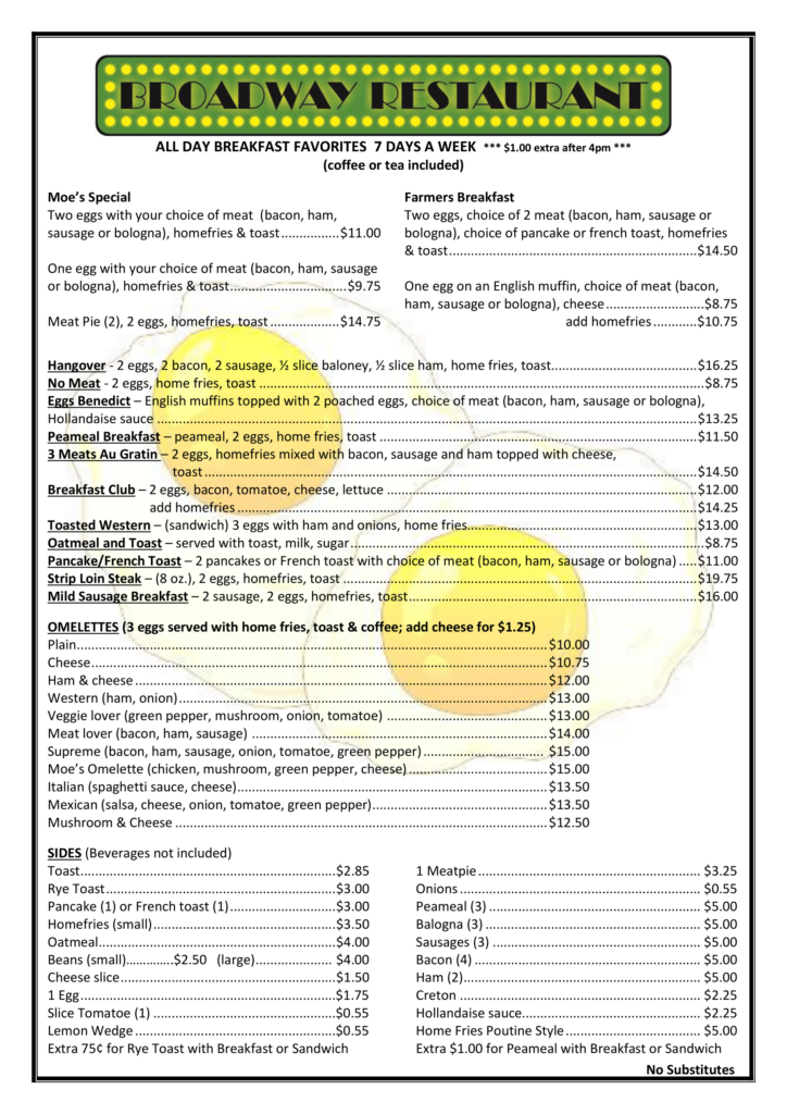 Menu | Broadway Diner Timmins