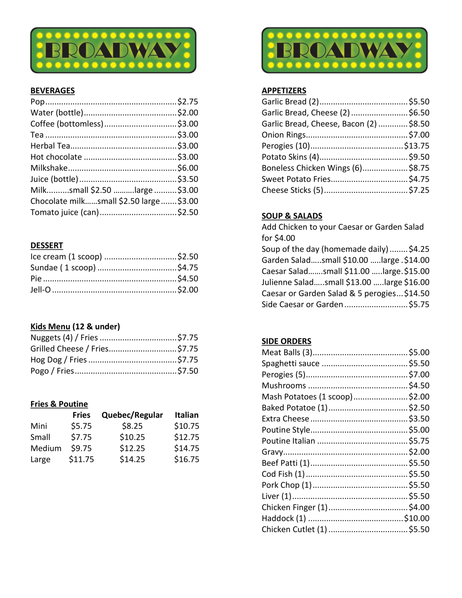 Menu | Broadway Diner Timmins
